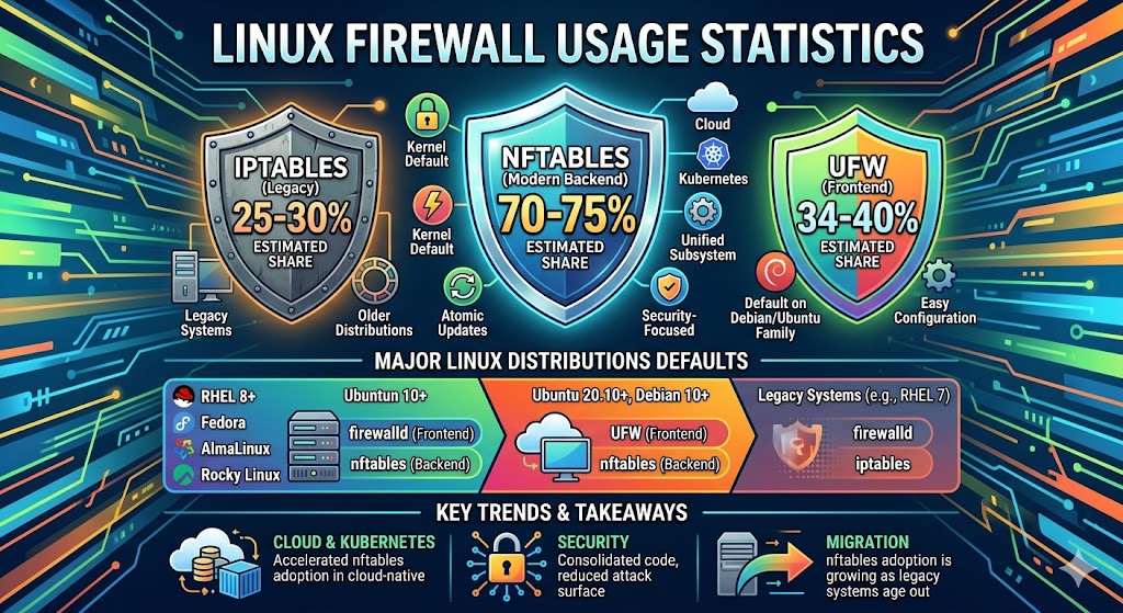 Linux Firewall Usage Statistics 2026 (iptables vs nftables vs ufw)